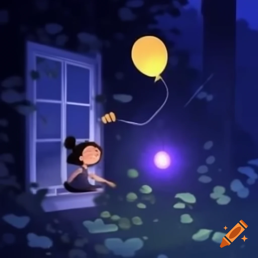 Glowing balloon floating outside a window at night on Craiyon
