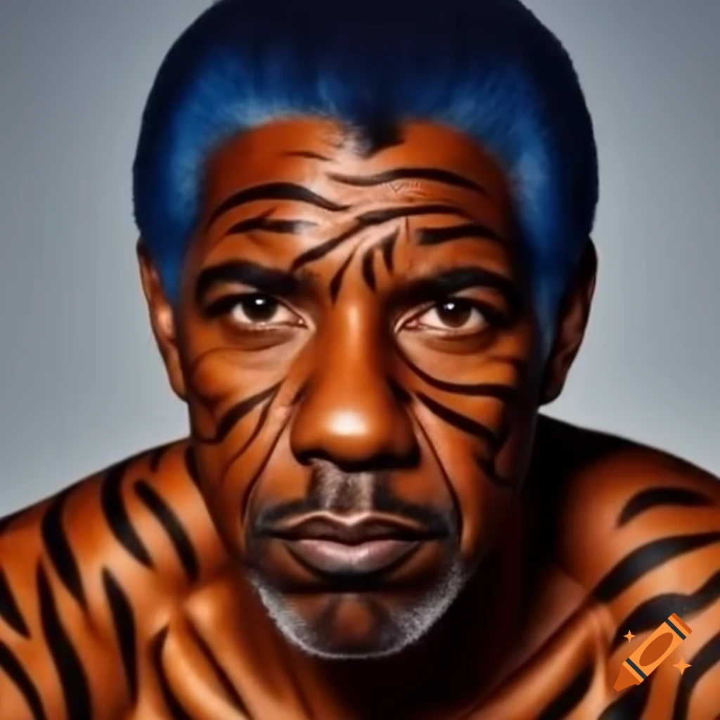 Muscular man with tiger-style makeup featuring blue hair and orange ...
