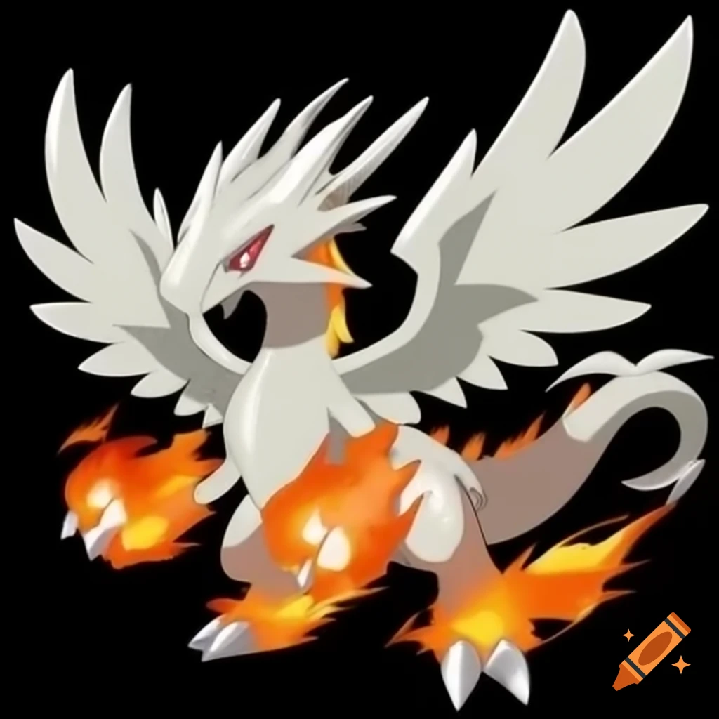 Legendary Fire/Dragon type Pokemon with white fur and fiery features on ...