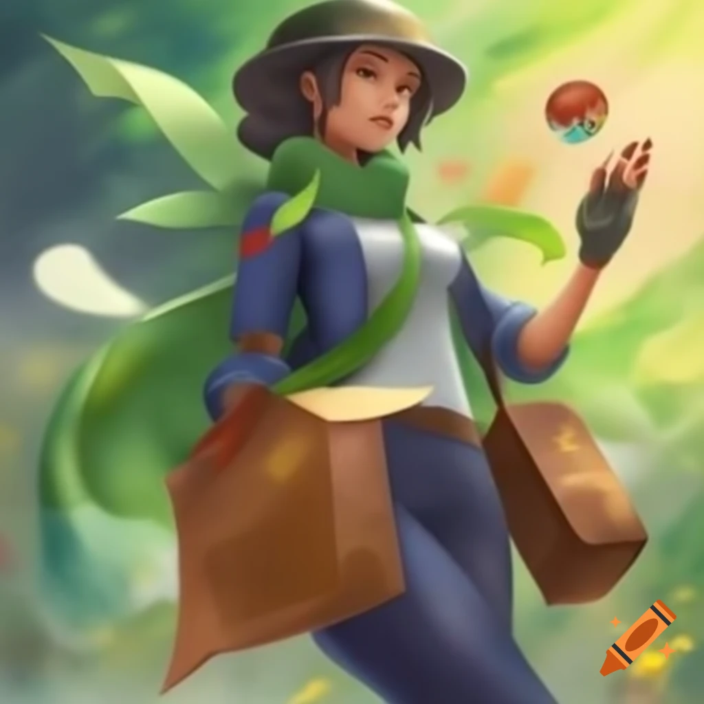 Pokemon trainer in earth tones with elegant shawl, dynamic pose on Craiyon