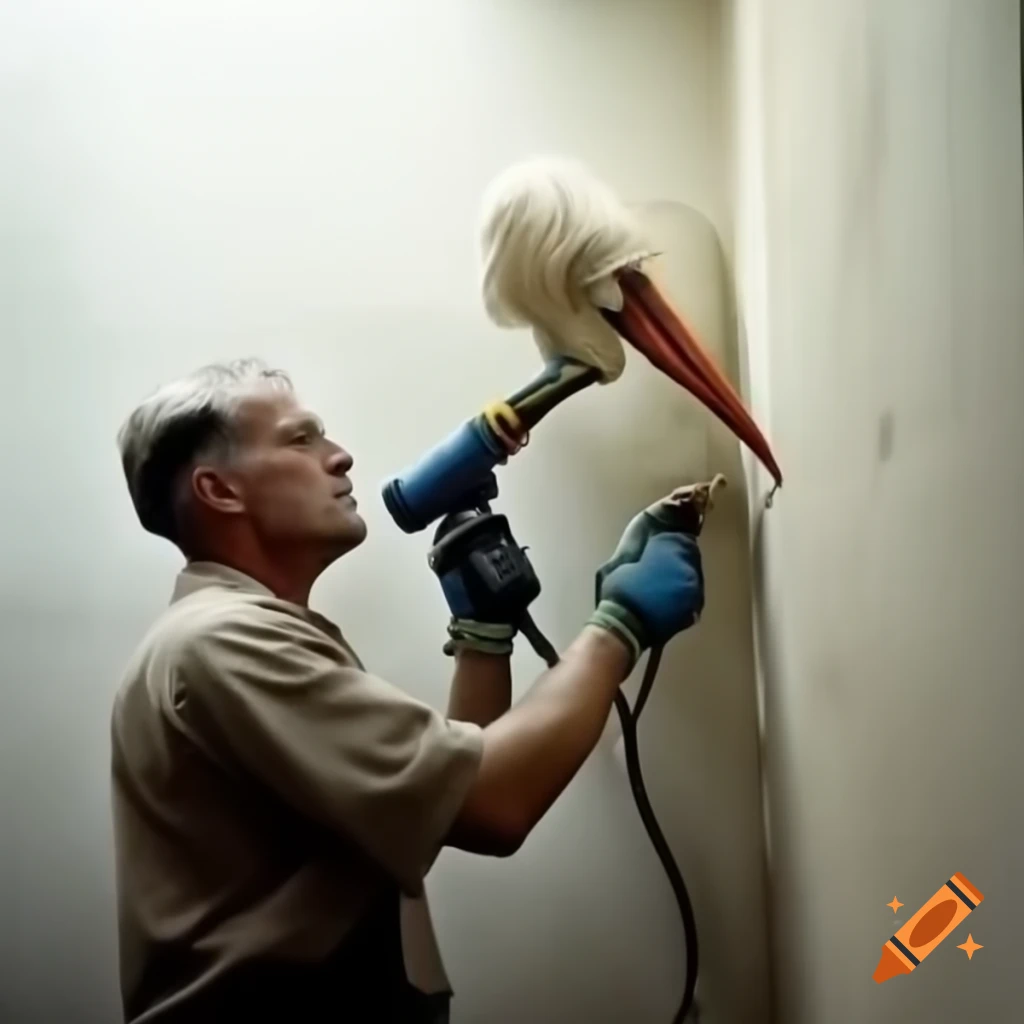 Worker using a stork creatively as a drilling tool on a wall on Craiyon