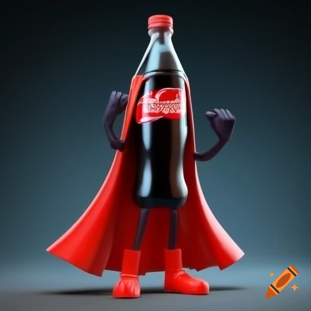 3D superhero Coca-Cola bottle with arms, legs, and a cape on Craiyon