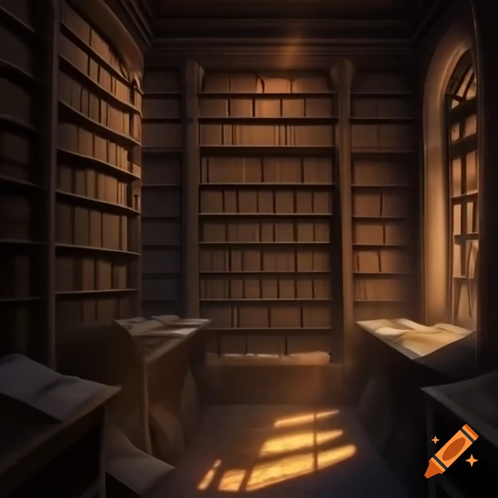 Cozy old library at night with candlelight and dusty wooden bookshelves ...