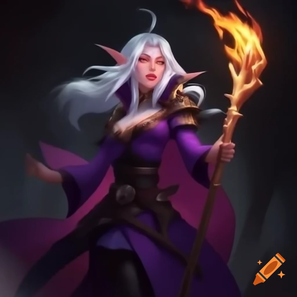 Elf female mage with silver hair in purple and black robes holding a ...