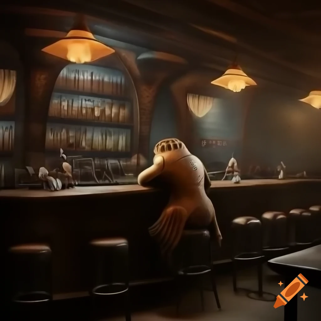 Lion character in outback coat sitting at western-themed bar with ...