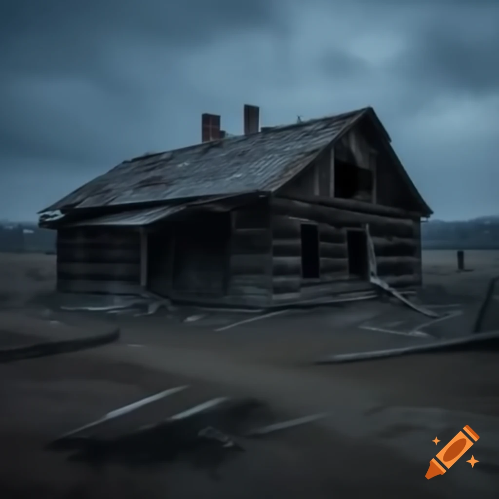 Desolate Krasnoyarsk valley with dilapidated log cabin under gloomy sky ...