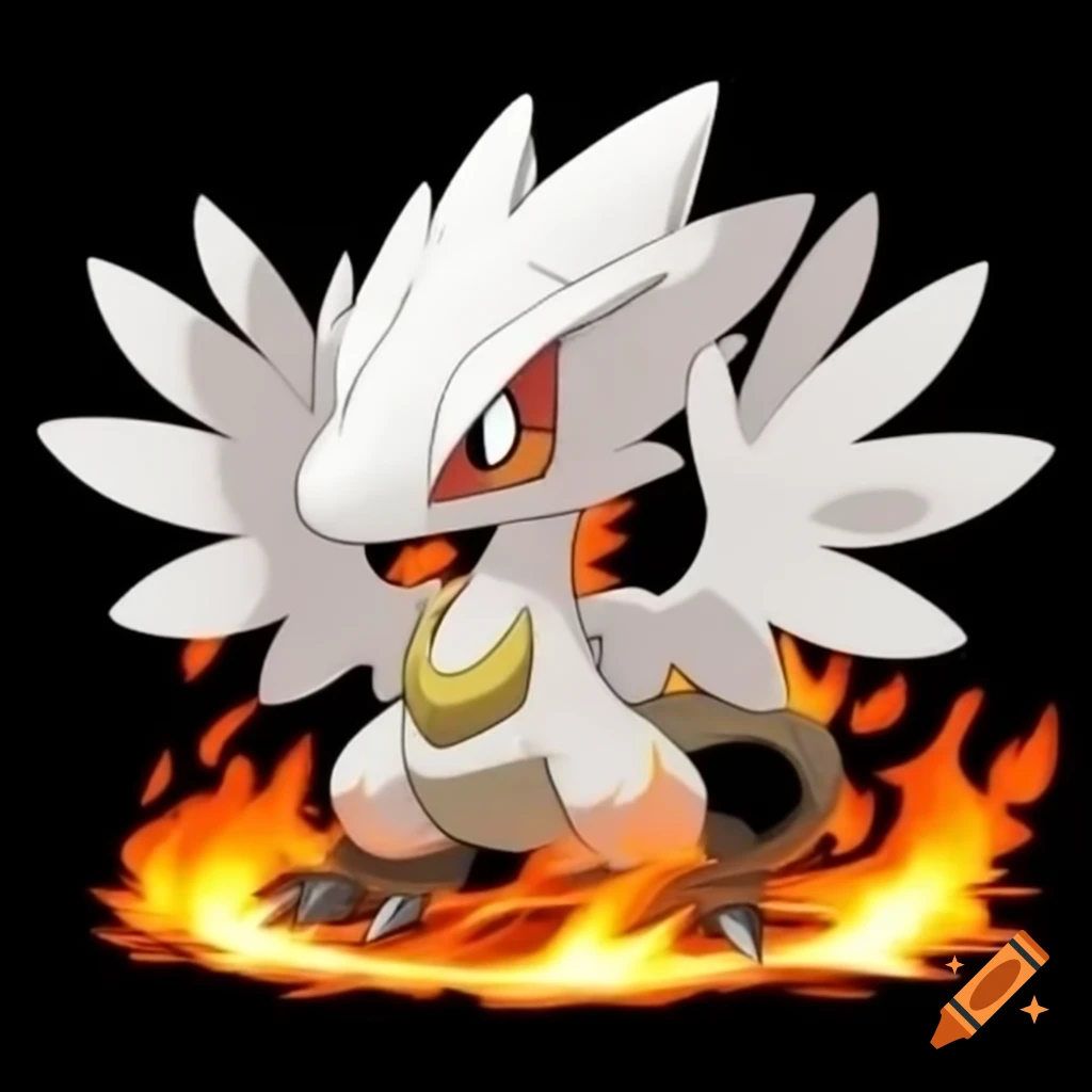 Legendary Fire/Dragon type Pokemon with white fur and fiery features on ...