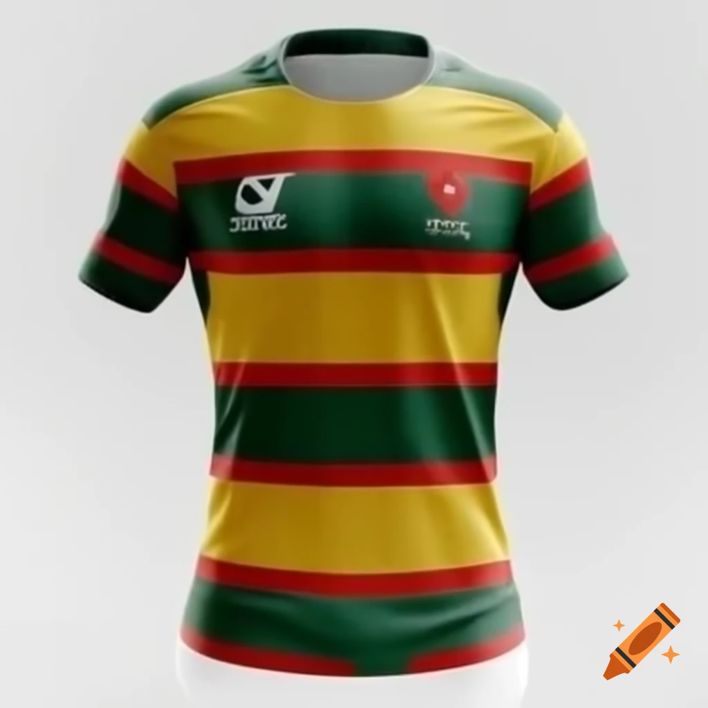 Black, yellow, red, and green hooped rugby jersey on Craiyon