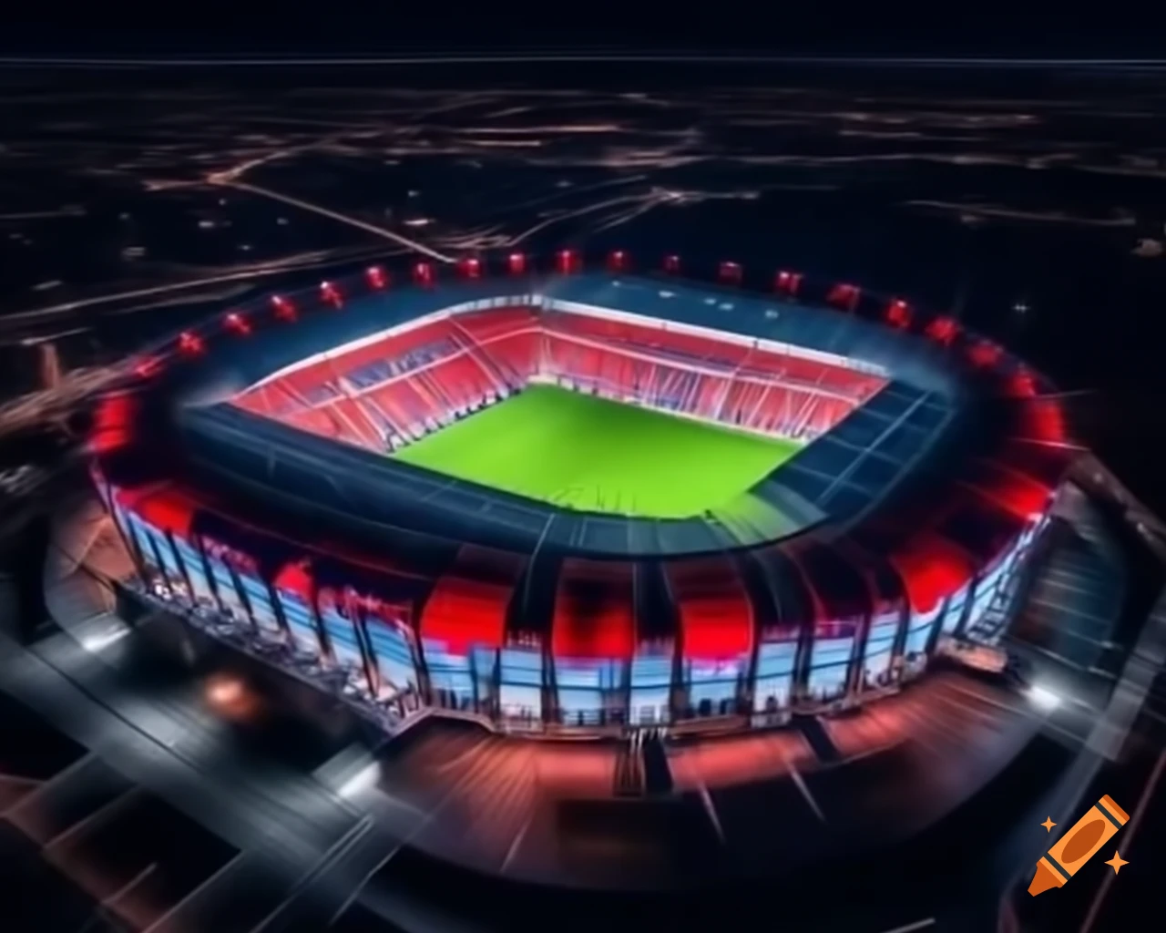 Full soccer stadium with red and blue colors illuminated by floodlights ...