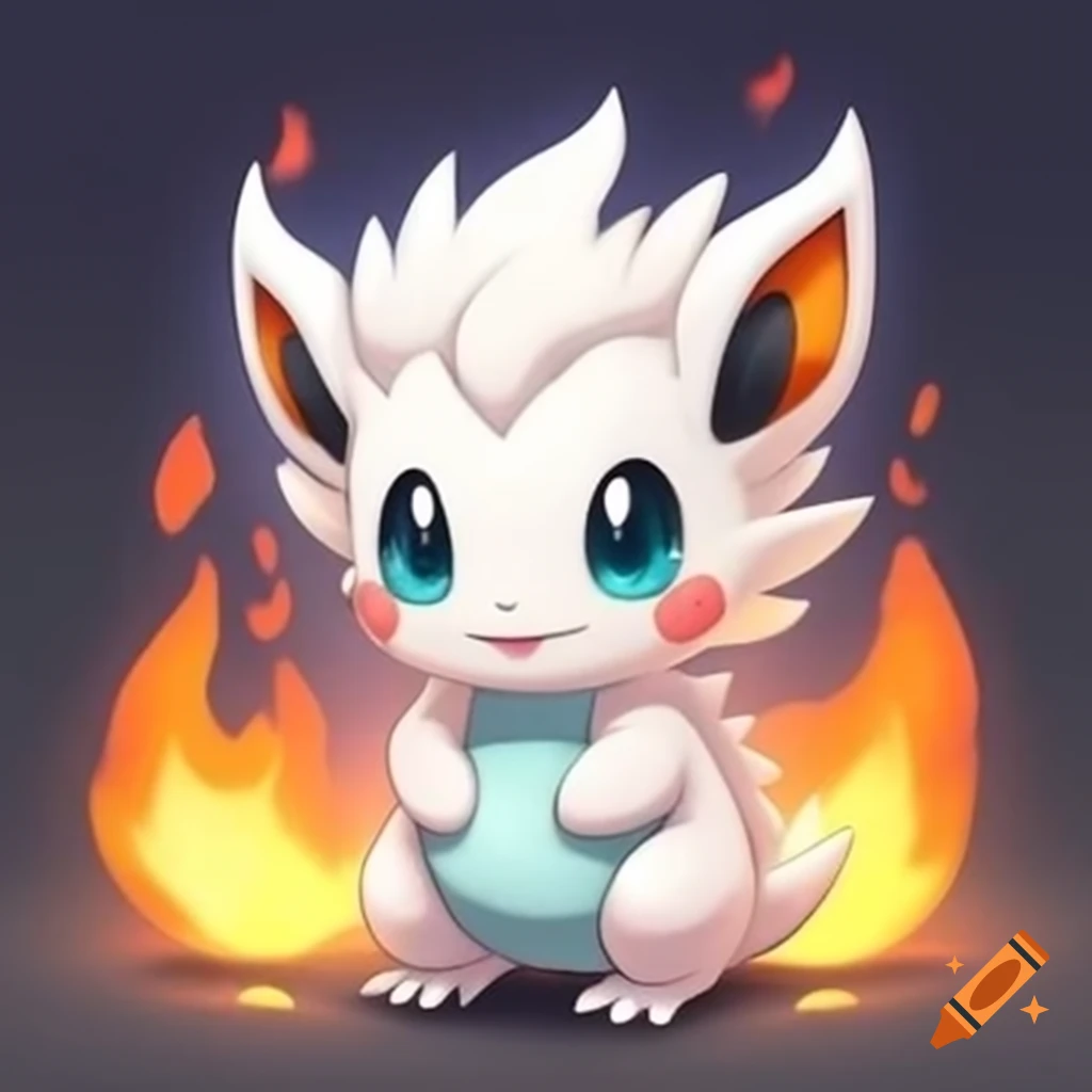 Fluffy white baby Fire/Dragon type Pokemon with orange flames on Craiyon