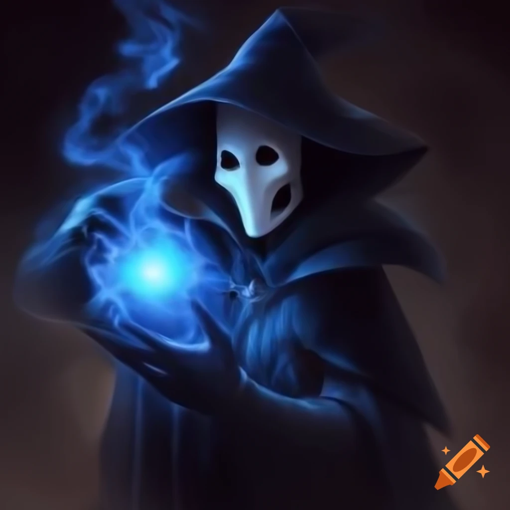 Masked mage casting blue magic in fantasy art on Craiyon