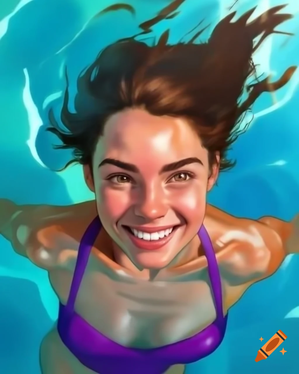 Realistic portrayal of a smiling woman in purple bathing suit floating ...