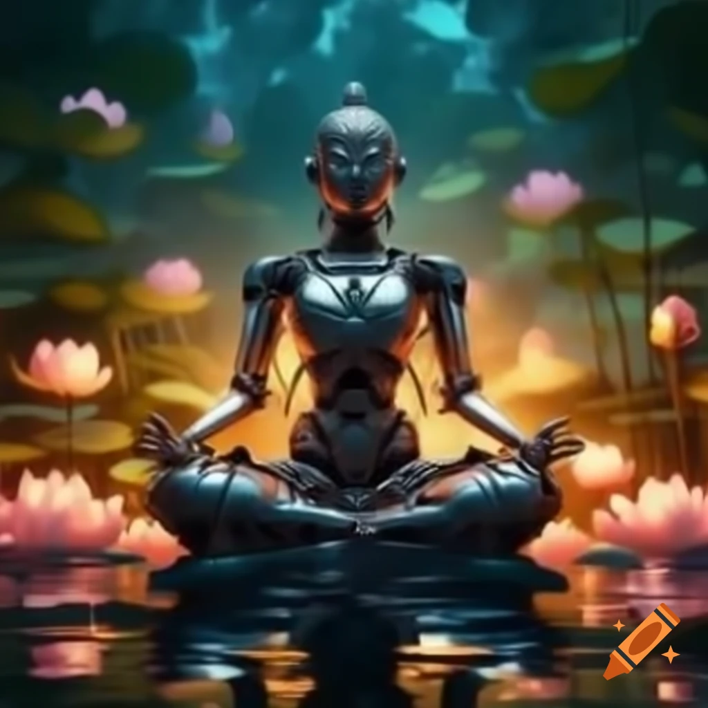 Robot meditating in Buddhist temple with digital lotus flowers on Craiyon