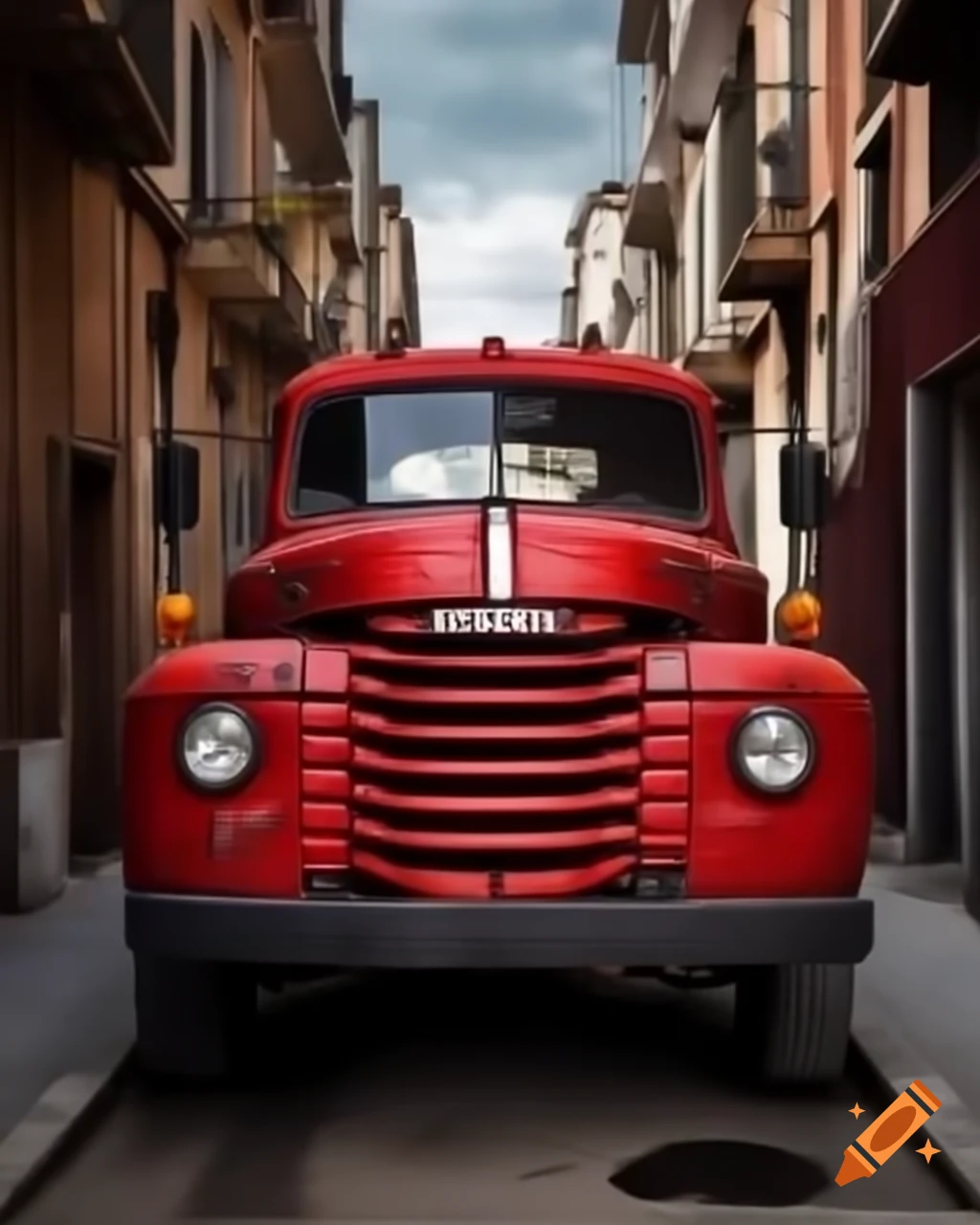 Large old red juggernaut truck on narrow backroad on Craiyon