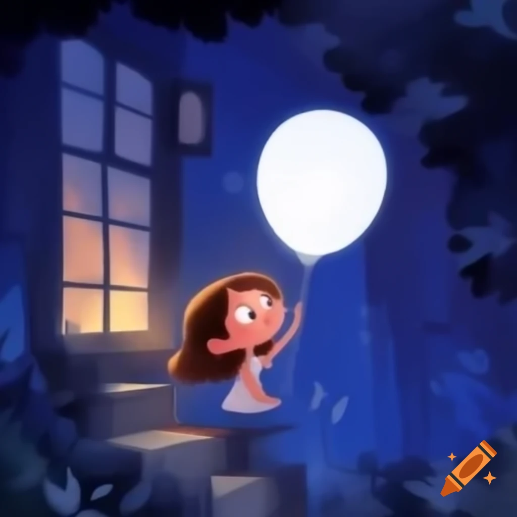 Girl observing a glowing balloon floating outside her window on Craiyon