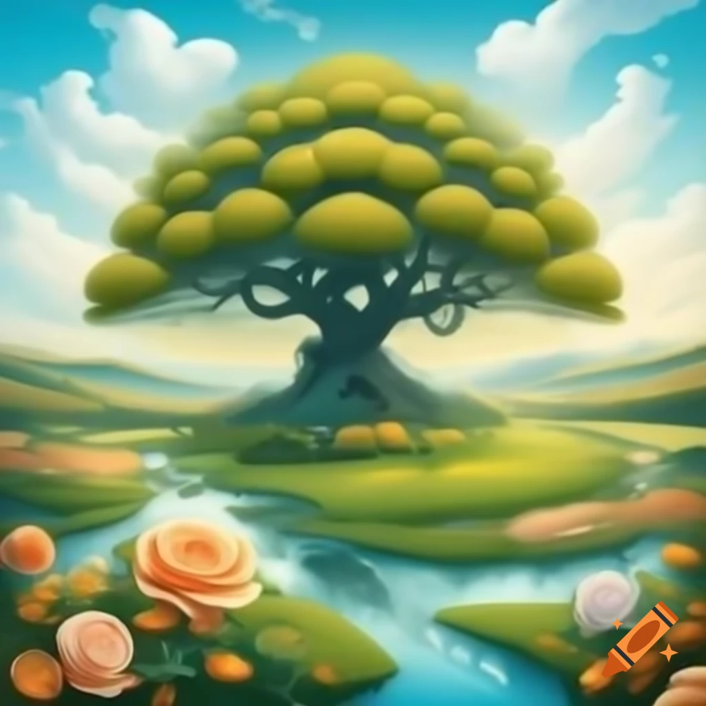 Serene nature scene with majestic tree and detailed garden on Craiyon