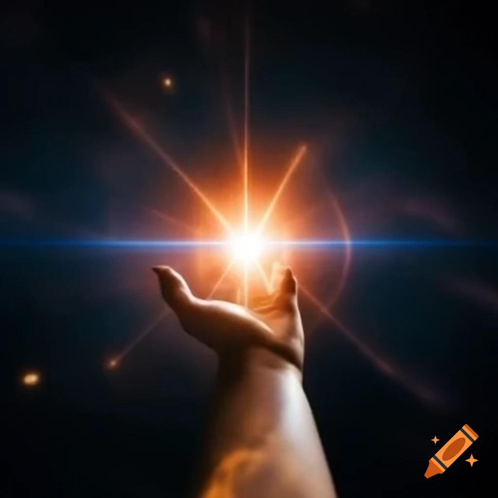 Hand reaching towards vibrant supernova in night sky on Craiyon