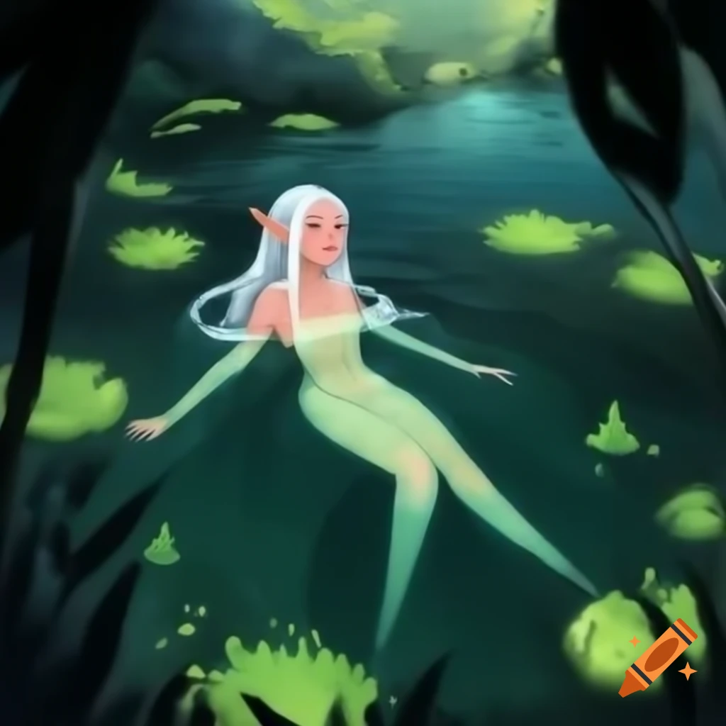 Elven maiden bathing in crystal-clear river in ancient forest on Craiyon