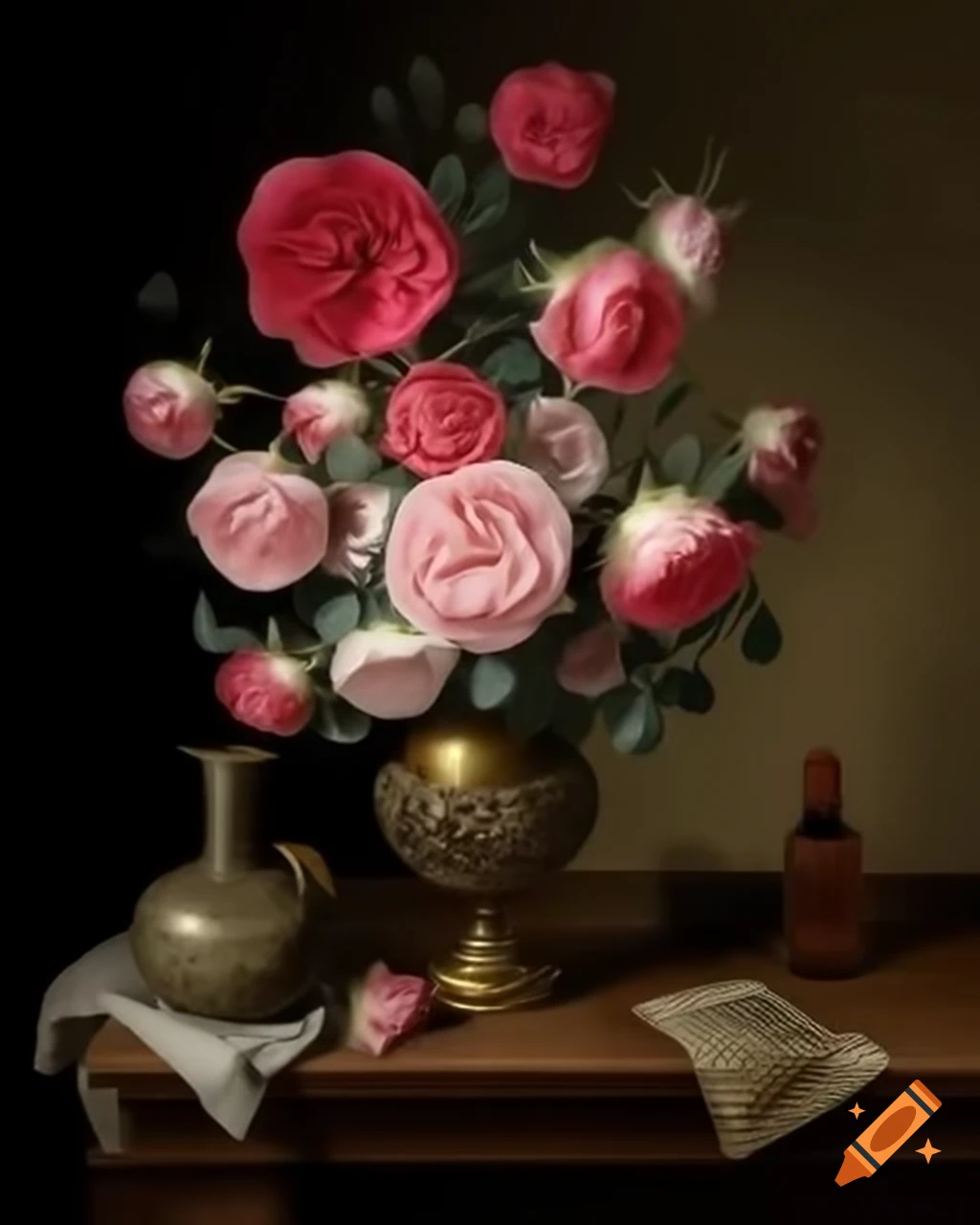 Still life featuring pink Renaissance roses in vase with perfume bottle ...