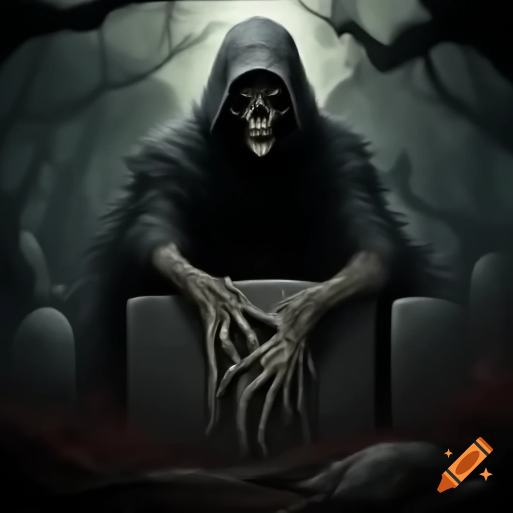 Grim Reaper above grave with zombie hand emerging on Craiyon