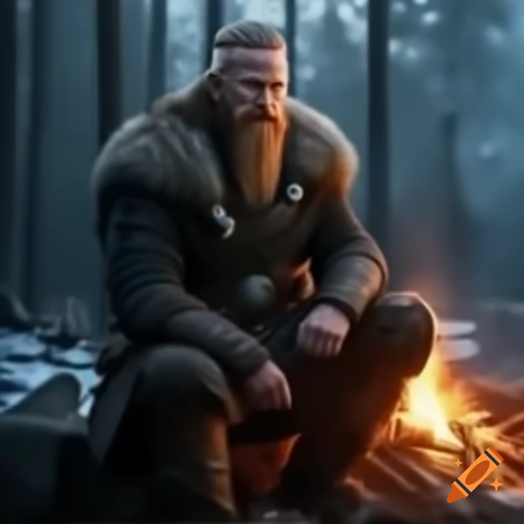 Viking warrior sitting by campfire in snowy landscape during daytime on ...