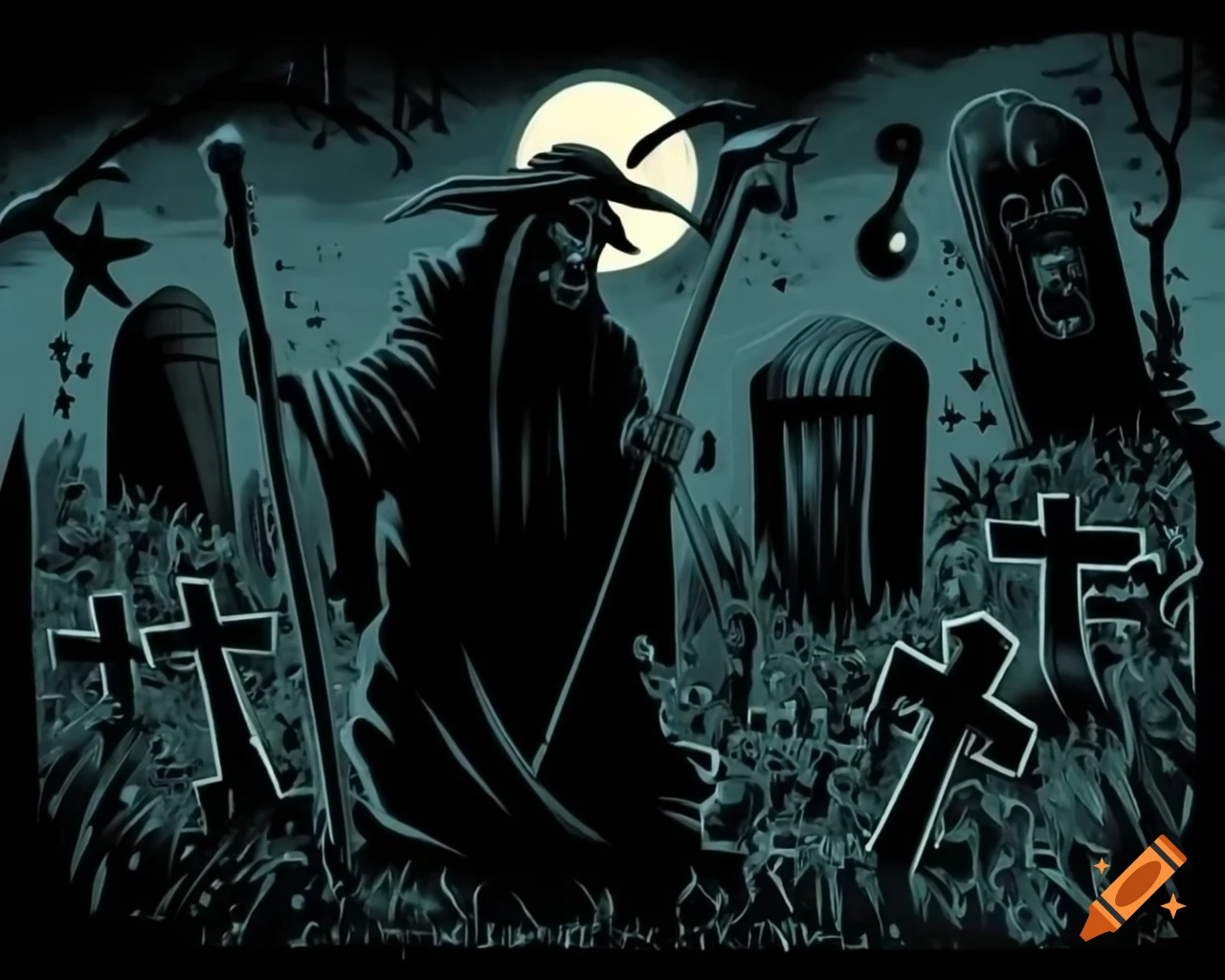 Grim Reaper in overgrown cemetery at twilight with musical note ...