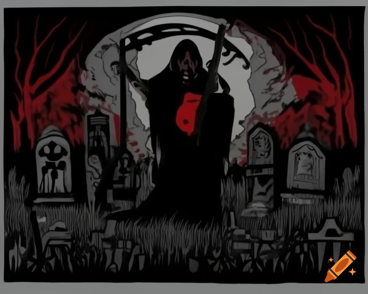 Grim Reaper in overgrown cemetery with musical note tombstones at ...