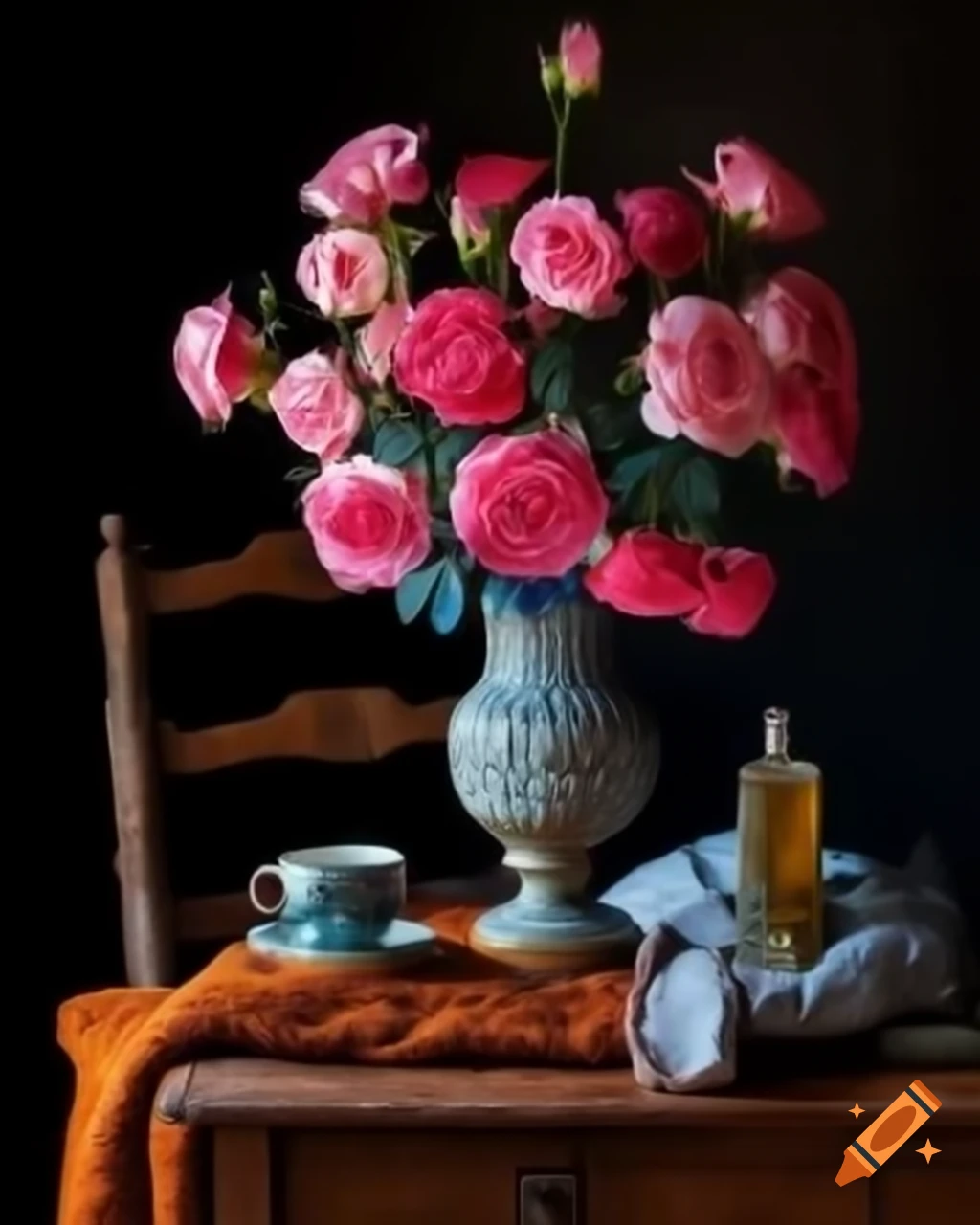 Holland style still life featuring pink renaissance roses in ornate ...
