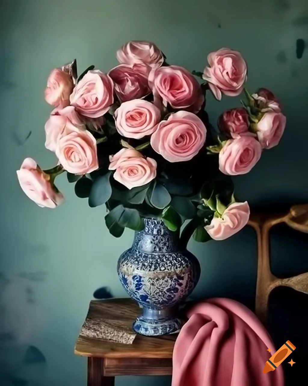 Still life of pink renaissance roses in ornate vase on coffee table ...