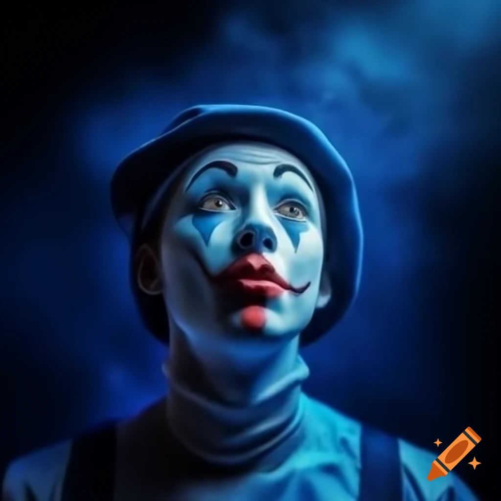 Mime at the circus surrounded by blue aura, semi-realistic style on Craiyon