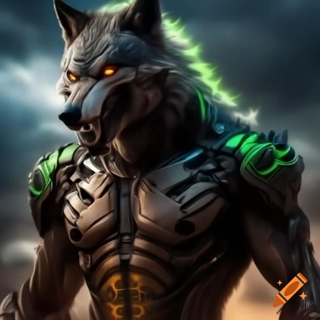 Humanoid wolf with biomechanical arm in tactical clothes amidst flames ...