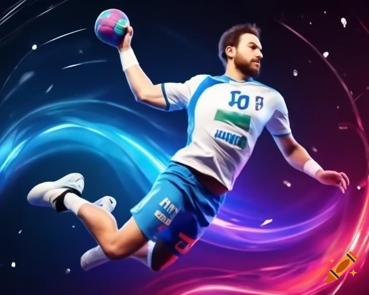 Athletic handball player executing jump shot against colorful backdrop ...