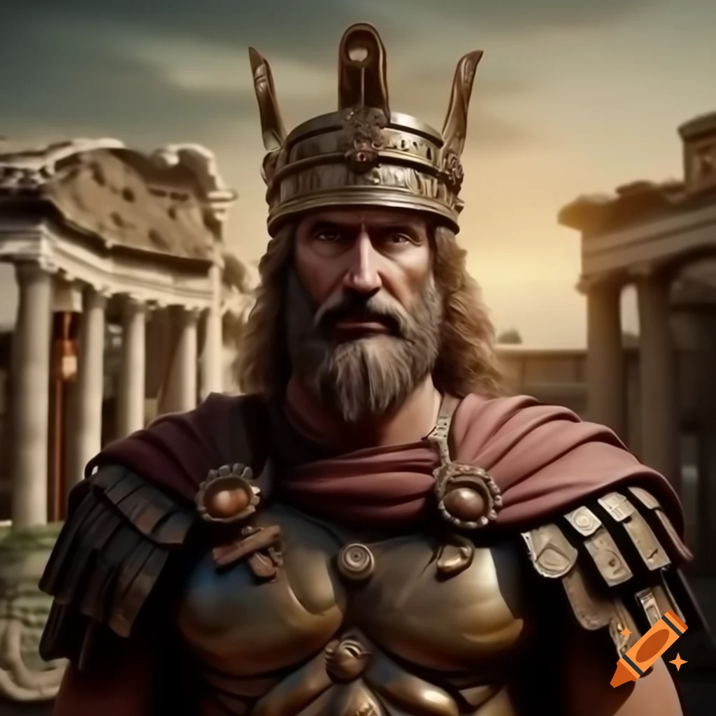 Realistic portrait of King Romulus in bronze armor with sword, standing ...