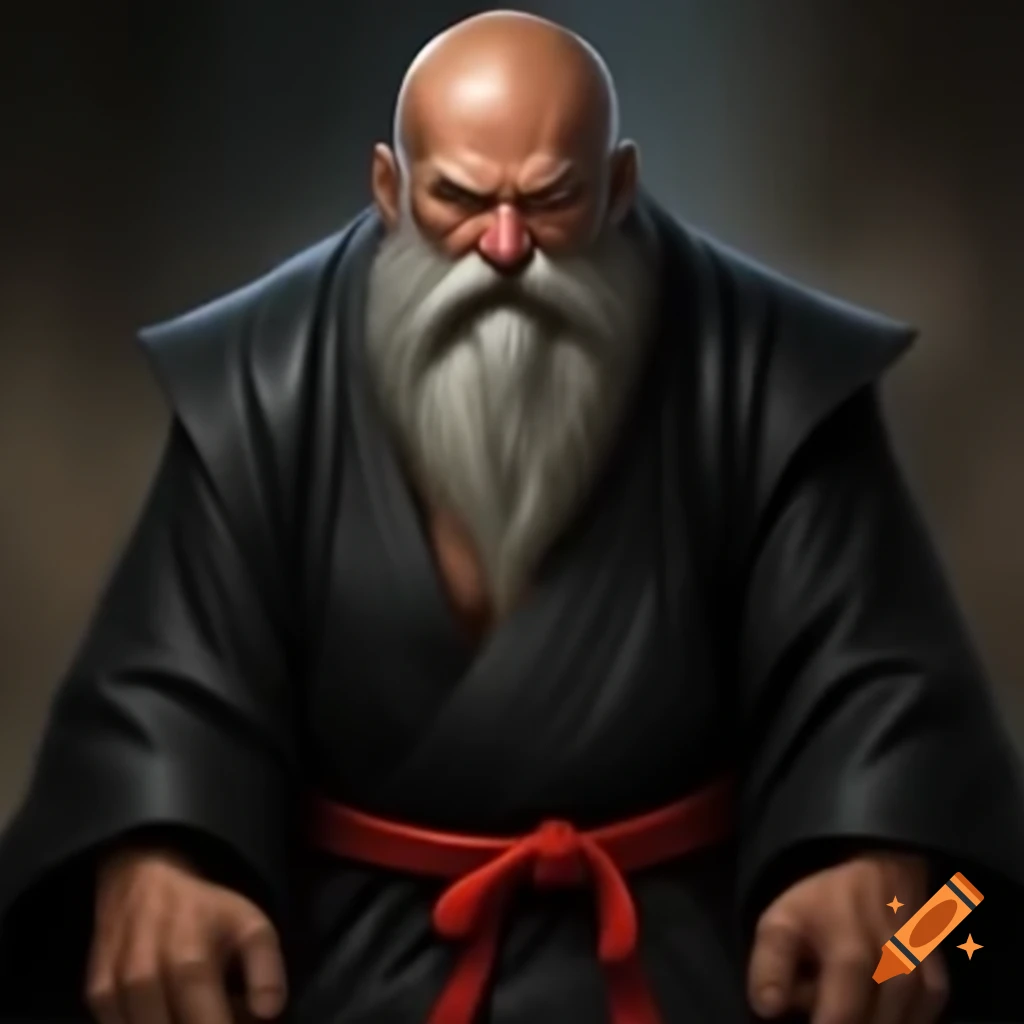 Old ninja master in black robe and red belt with long white beard on ...