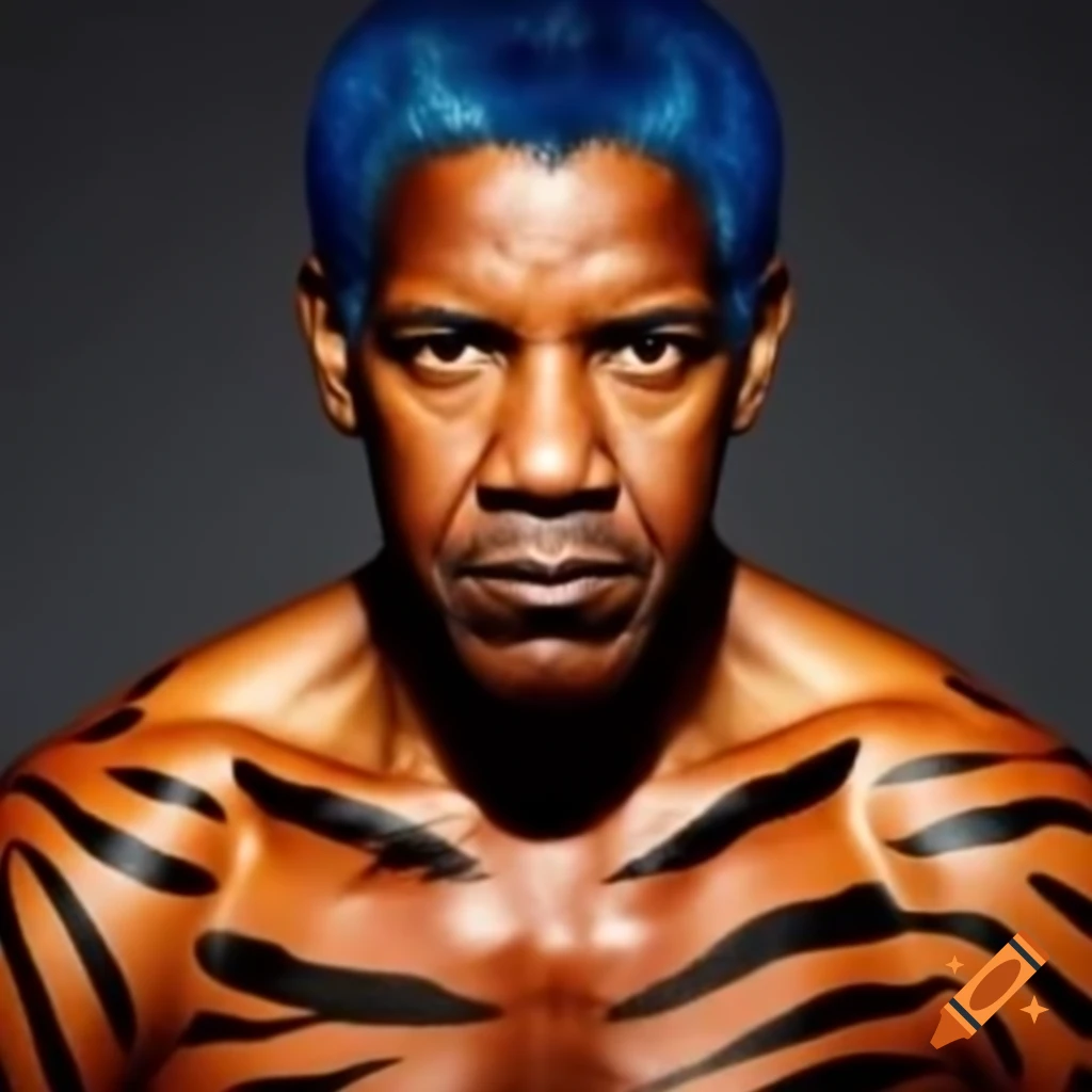 Muscular man resembling Denzel Washington with tiger makeup and blue hair on Craiyon