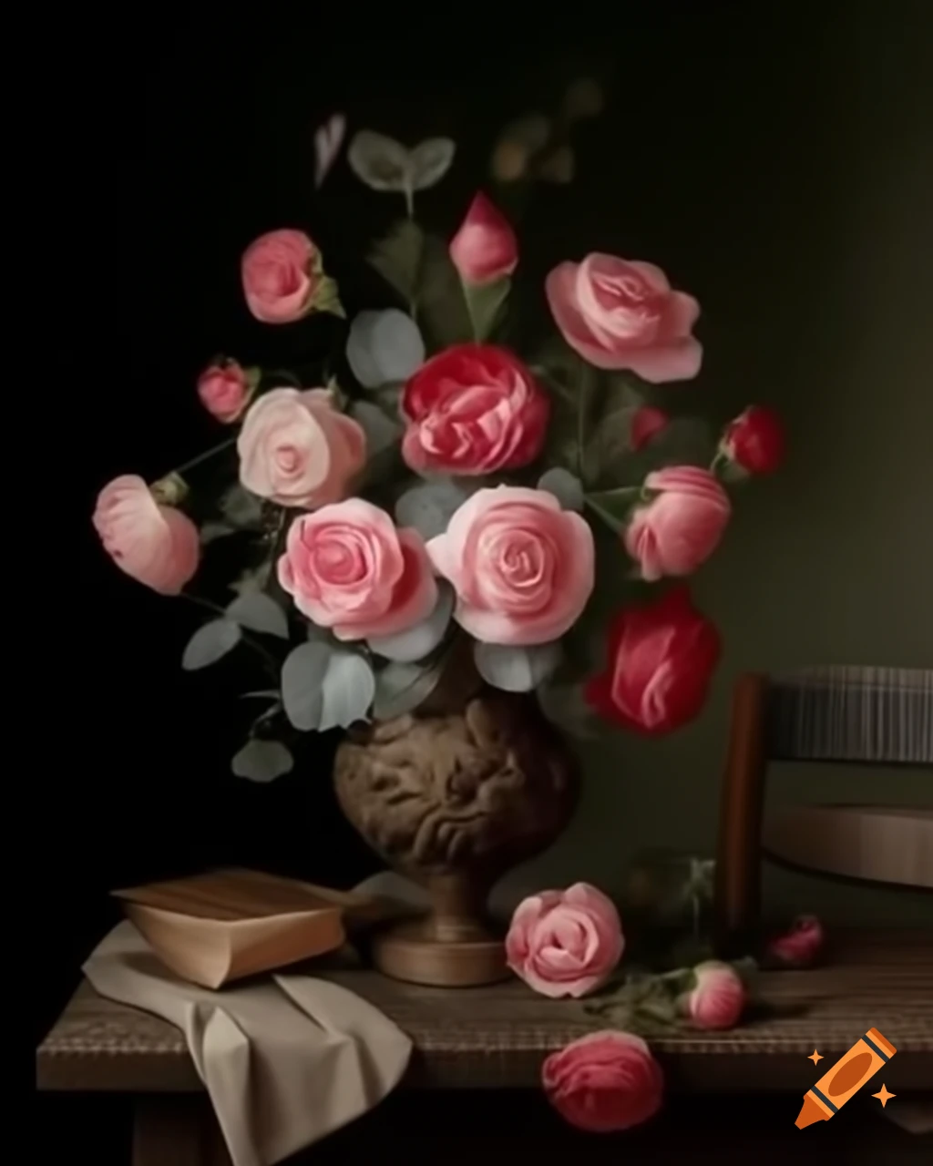 Realistic still life of pink Renaissance roses in ornate vase with book ...
