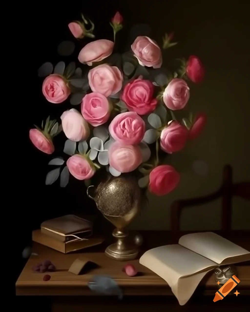Realistic still life of pink Renaissance roses in ornate vase with book ...