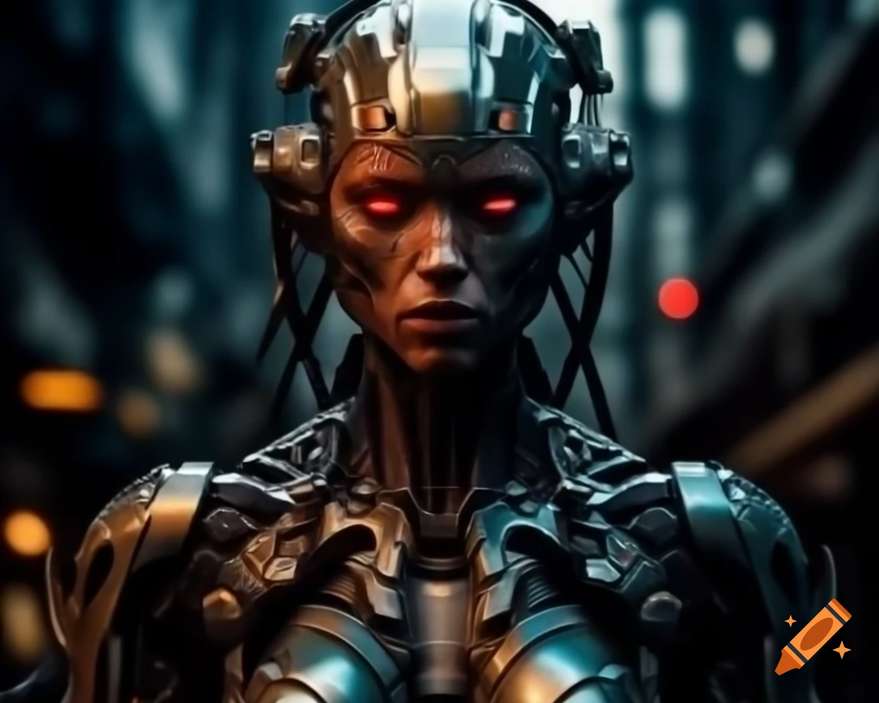 Female cyborg in dystopian urban landscape with Borg enhancements on ...