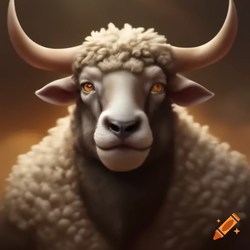 Whimsical depiction of a minotaur with sheep-like features on Craiyon