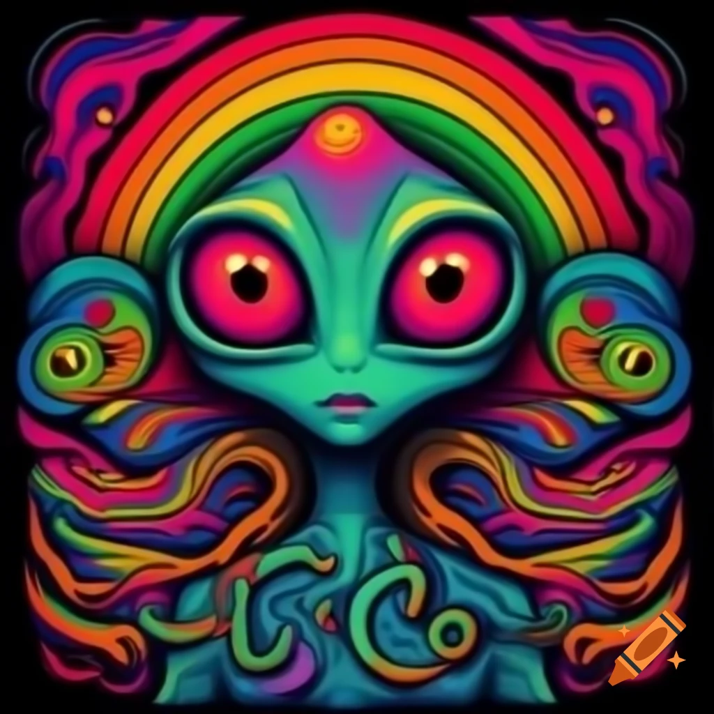 Holographic psychedelic aliens with rainbow swirls on Craiyon