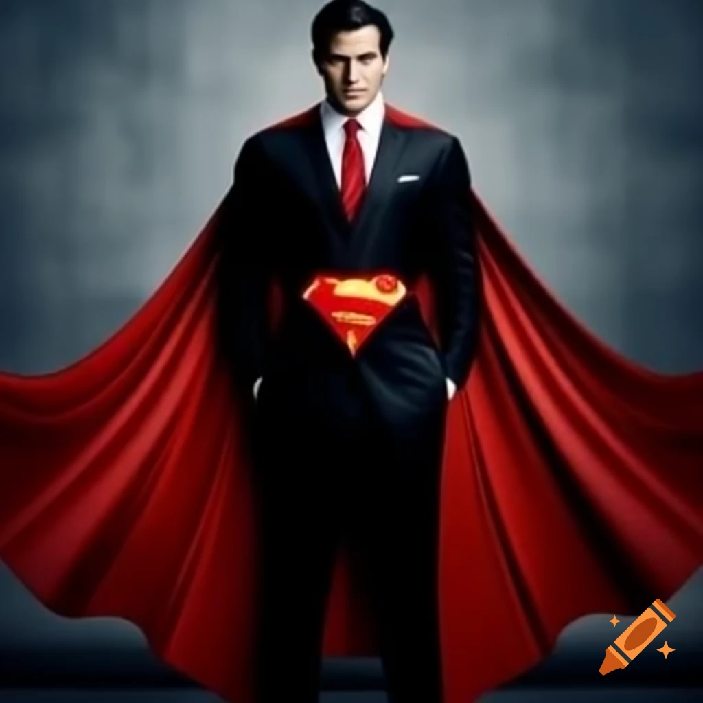 Lawyer in black suit with red cape striking superhero pose on Craiyon