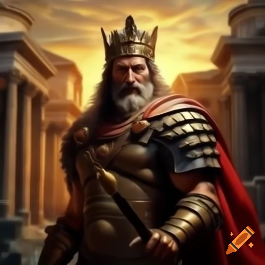 Realistic portrait of King Romulus in bronze armor with sword, standing ...