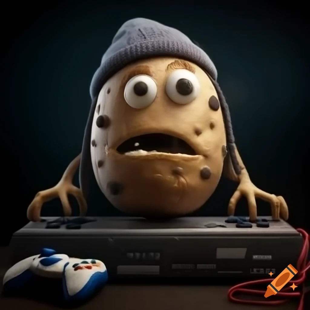 Potato wearing beanie playing on PC with controller on Craiyon