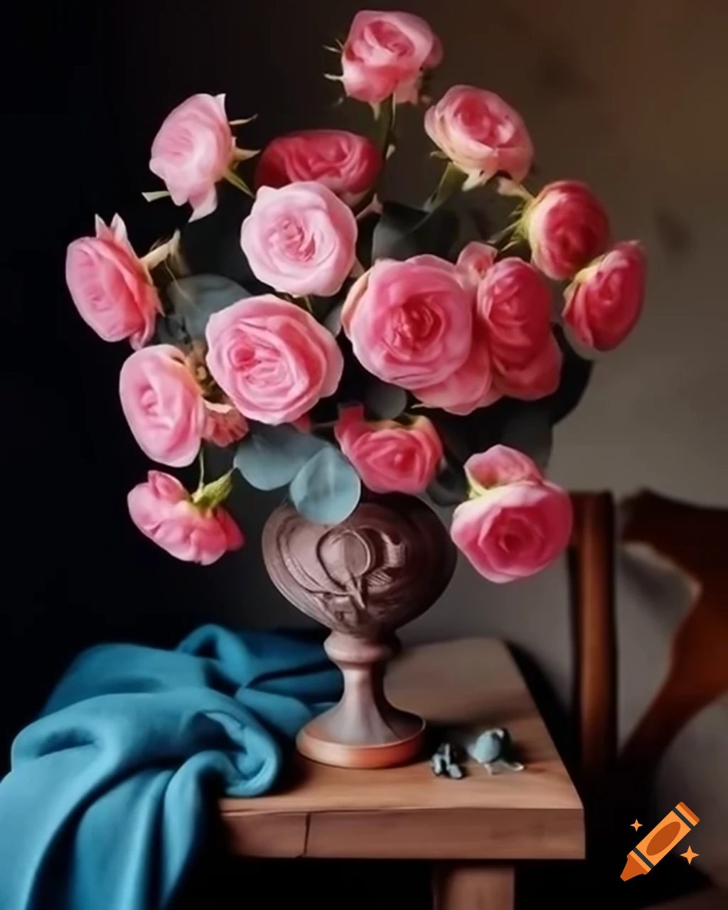 Still life of pink renaissance roses in ornate vase on coffee table ...