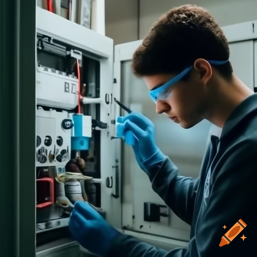 Student repairing electrical machine in laboratory with gloves and ...