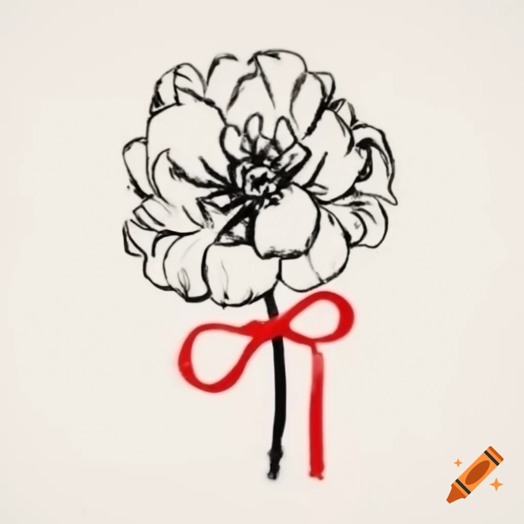 Black and white stencil of peony with red string bow on Craiyon