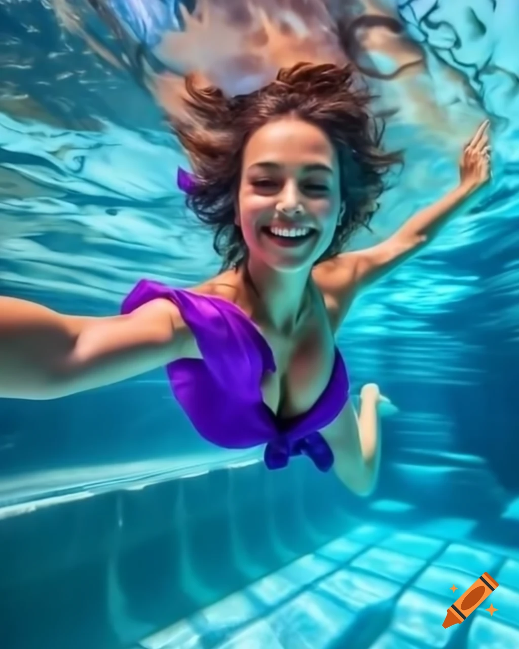 Realistic portrait of smiling woman in purple bathing suit dancing underwater on Craiyon