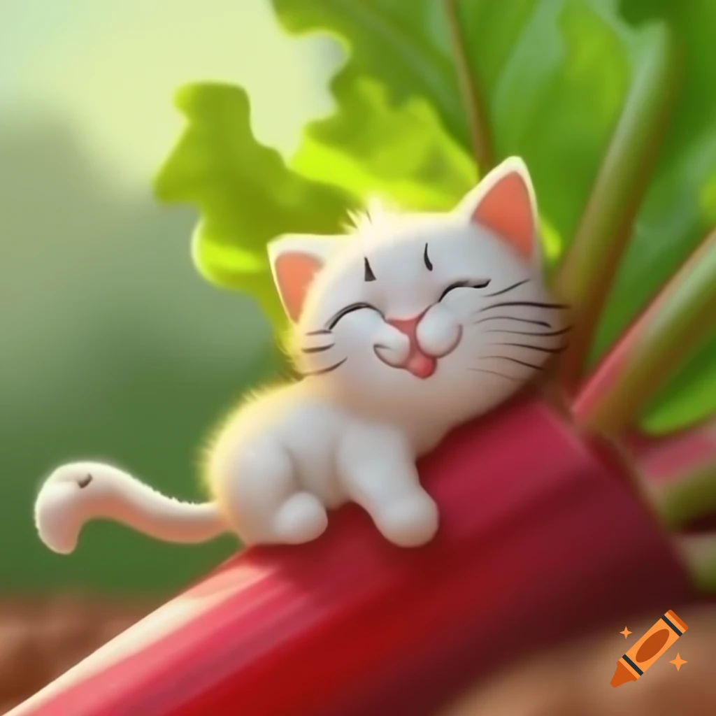 Adorable kitten resting on rhubarb plant, high-definition cartoon style ...