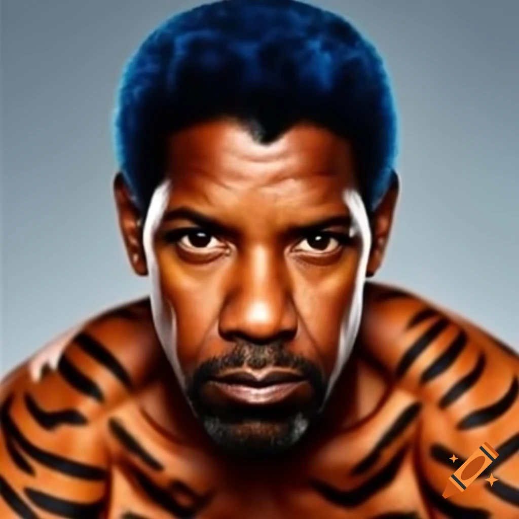 Muscular man with tiger-style makeup, blue hair and orange skin with ...