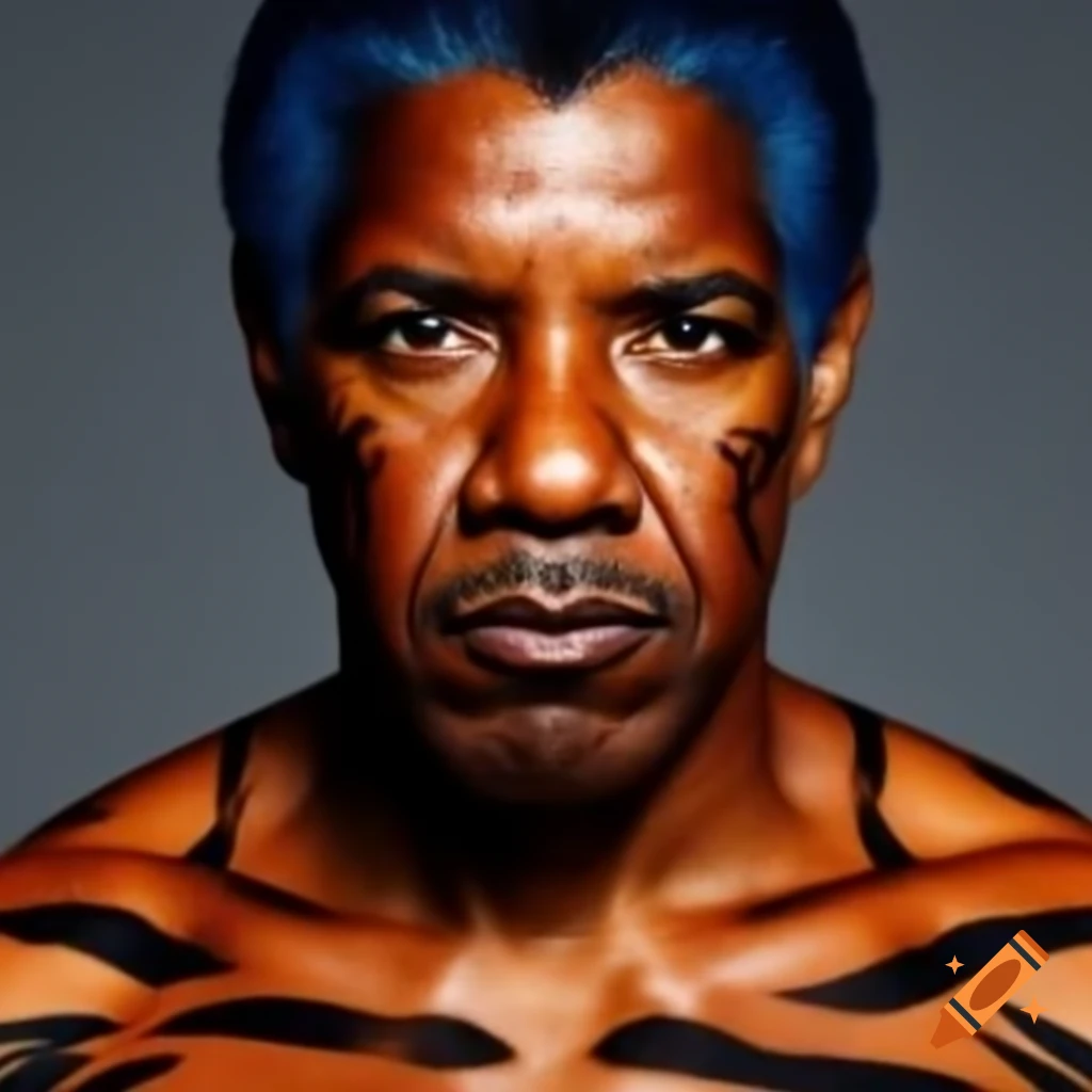 Muscular man with tiger-style makeup and blue hair, dynamic pose on Craiyon